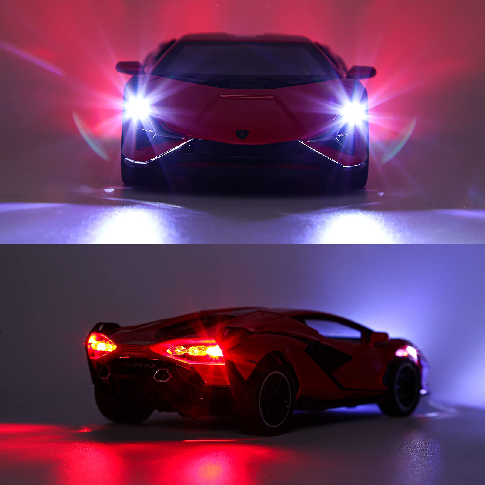 SASBSC Toy Cars Lambo Sian FKP3 Metal Model Car with Light and Sound Pull Back Toy Car for Boys Age 3 + Year Old (Red)