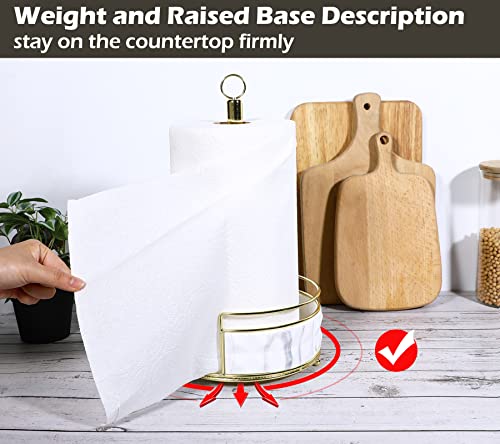 Koluti Paper Towel Holder Countertop, Farmhouse Kitchen Paper Roll Stand, Rustic Gold Metal Paper Towel Rack Organizer Storage for Dining Table, with Courtyard Fence, Marble Print Silicone Finish