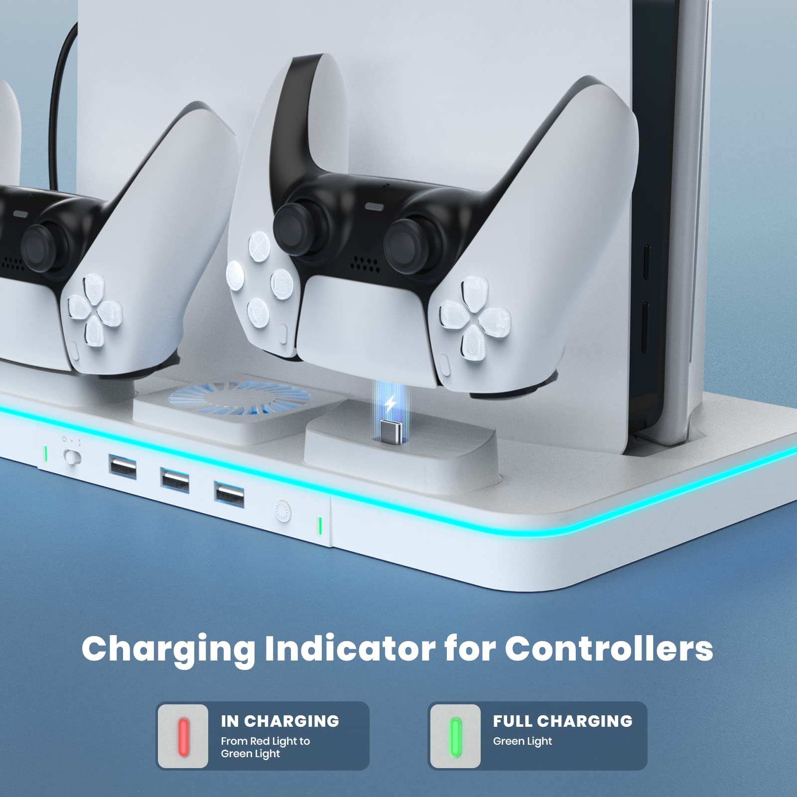 CODOGOY PS5 Cooling Stand with Controller Charger, Cooling Station for PS5 Disc & Digital Editions, 2 Levels Adjustable Fans Speed, PS5 Controller Charging Docking Station with 3 USB Ports