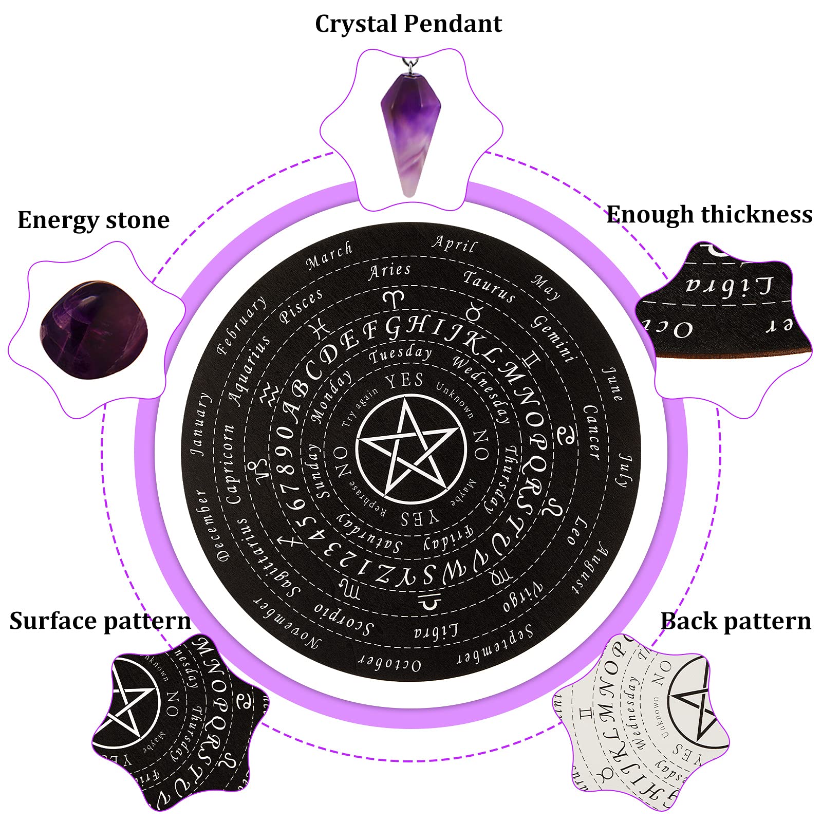 Star Pendulum Board Wooden Dowsing Board Set Include Crystal Dowsing Pendulum Necklace, 8 Chakra Stones, Round Pendulum Board Dowsing Divination Metaphysical Message Board for Witchcraft Supplies