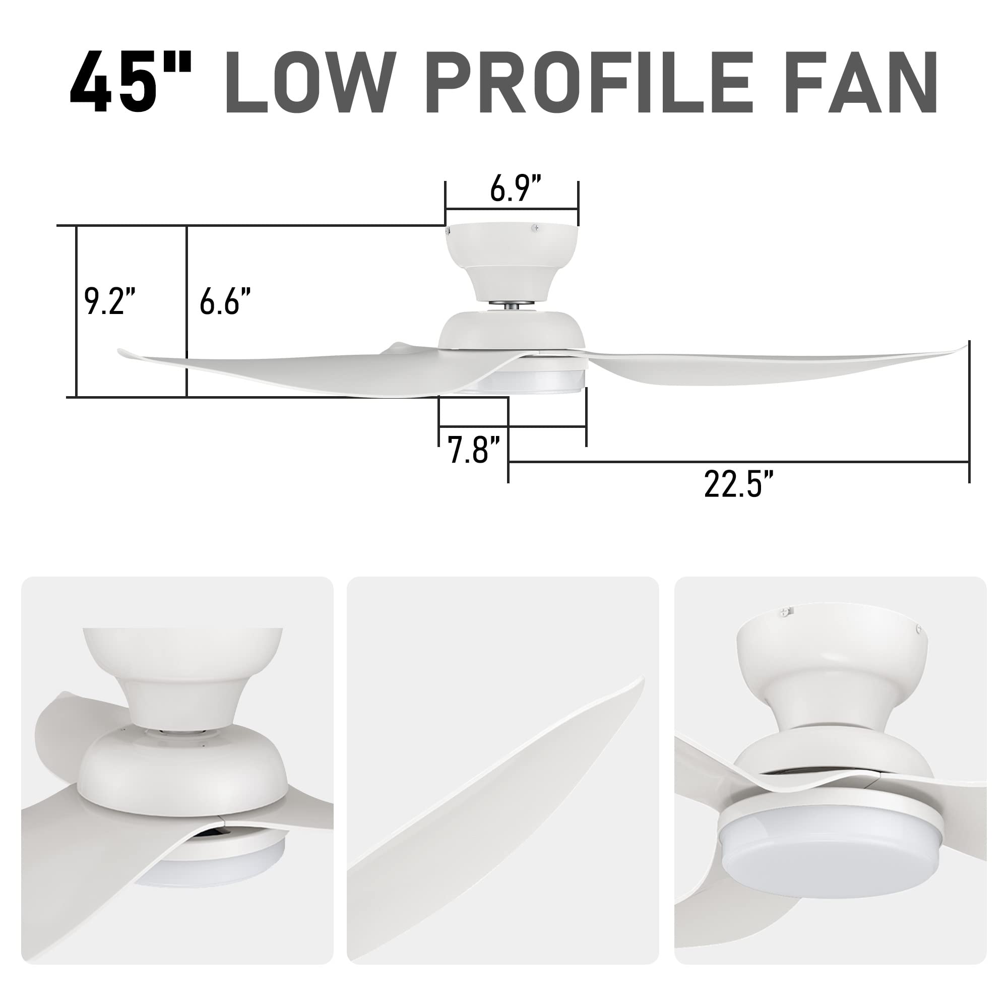 CEME 45" Smart Low Profile Ceiling Fan with Dimmable Light, Flush Mount, Remote Control, 10-Speed Quiet DC Motor, White, Works with Alexa, Siri Shortcuts, Google Home & Smart APP - Indoor/Outdoor Use
