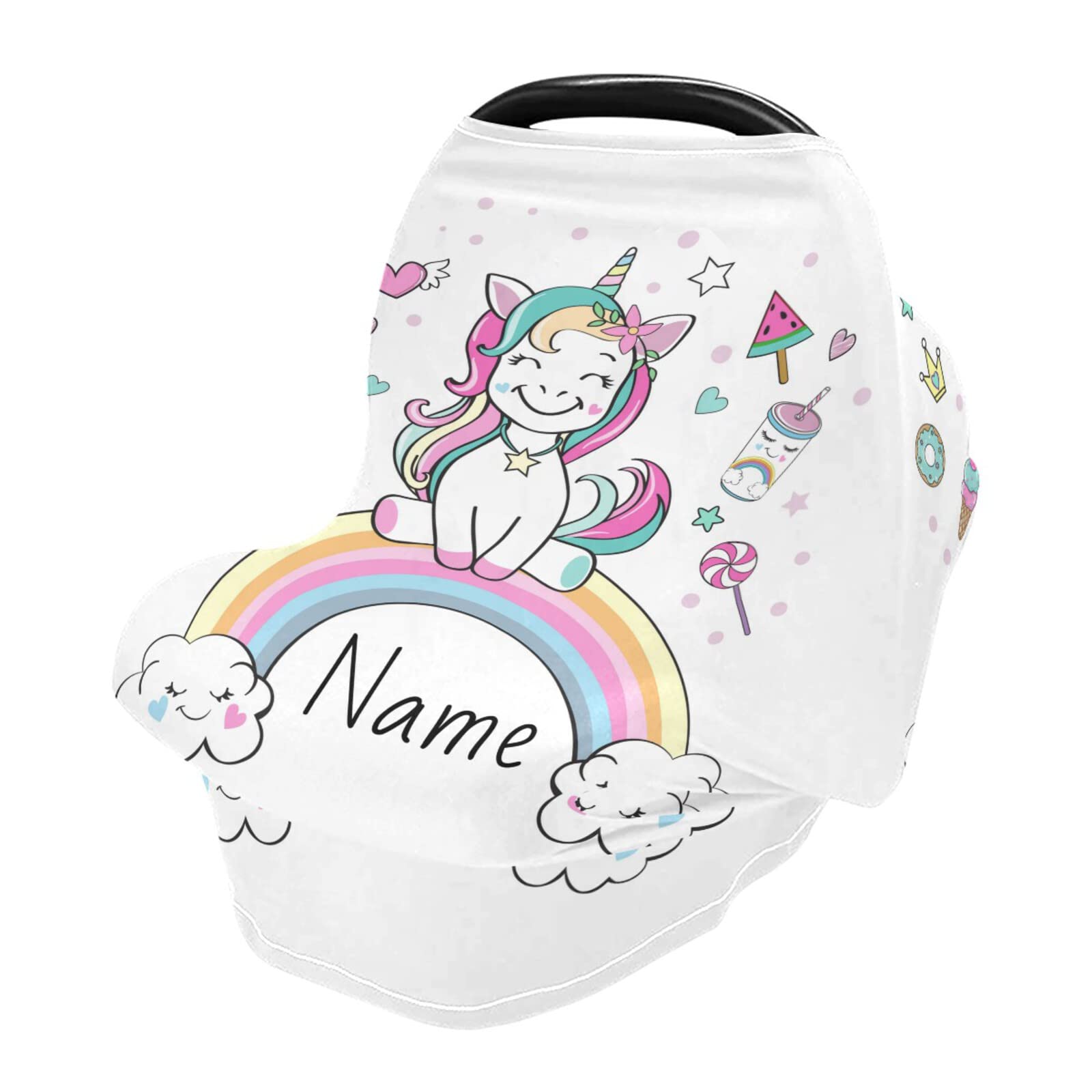Custom Personalise Cute Unicorn Rainbow Baby Car Seat Covers Donut Ice Cream Carseat Canopy Soft Infant Stroller Cover Nursing Breastfeeding Covers for Girls Boys Newborn Fit Summer Spring Autumn