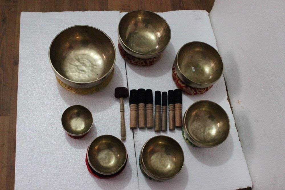 Set of 7 pieces ~ Hand Hammered Yoga Meditation Bowls 5"-10" included 7 Mallets, 7 cushions & 1 drum stick.