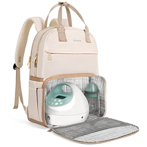 Mancro Breast Pump Bag Backpack with Insulated Pockets, Pumping Bag for Working Mom, Breast Pump Travel Bag fits for Spectra S1, S2, Medela, Large Diaper Bag Backpack with USB Charging Port, Beige