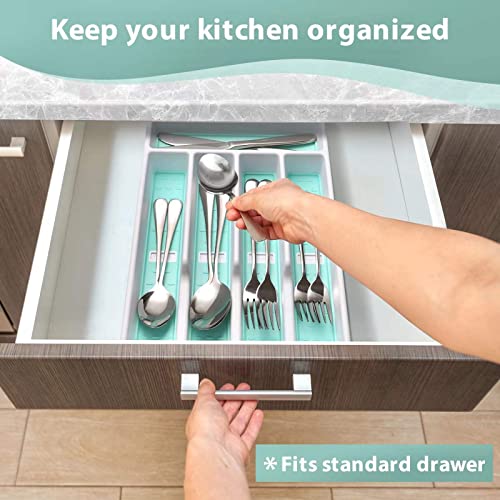Joequality Silverware Organizer with Icons,Plastic Cutlery silverware Tray for Drawer,Utensil Flatware Tableware Organizer for Kitchen with Non-slip TPR,Fits Standard Drawer,5-Compartment,Mint