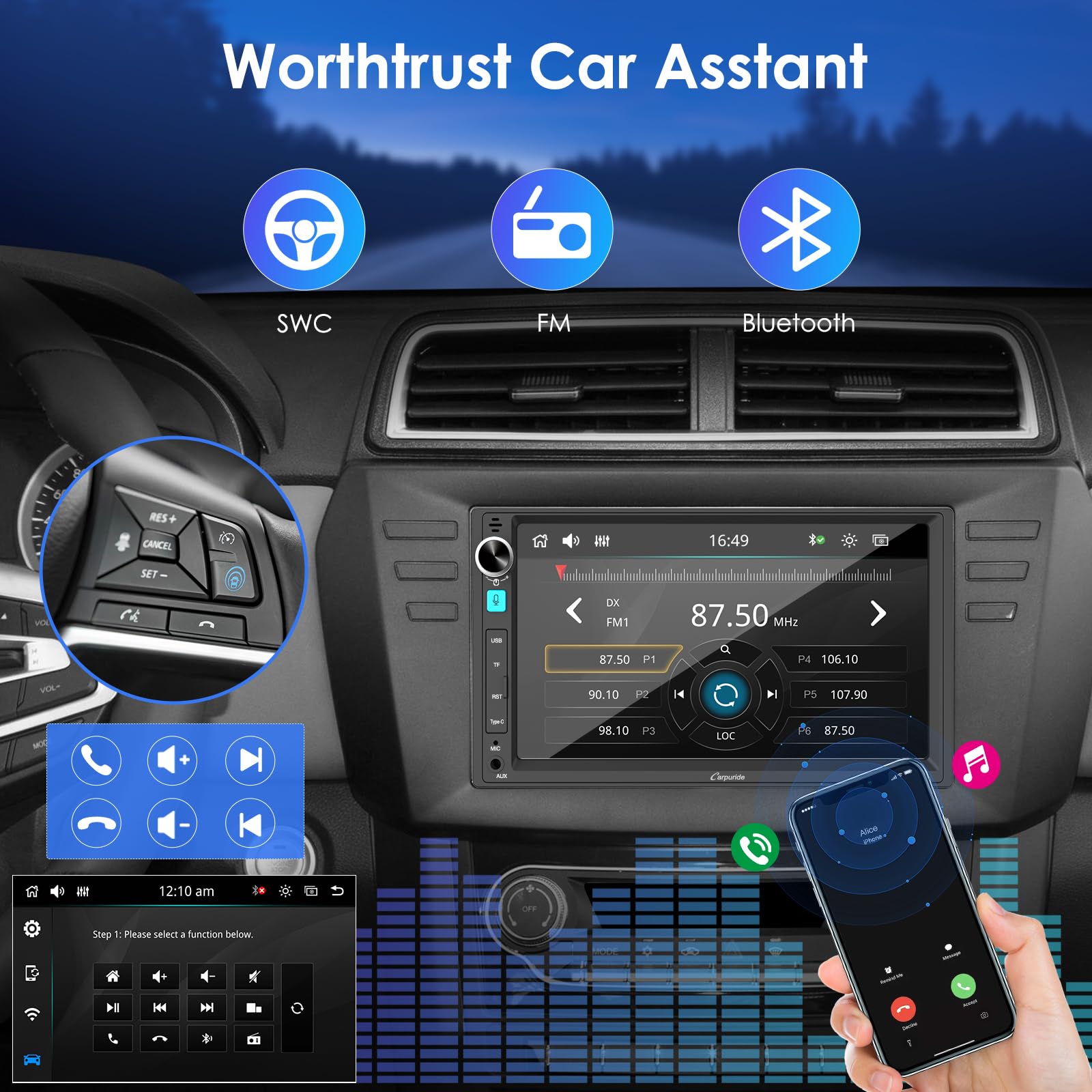 Carpuride S7 Double Din Car Stereo Compatible with Carplay,Android Auto- Car Stereo with back up camera,7 Inch HD Touch Screen, Mirror Link,Voice Control,SWC,Bluetooth,USB/SD Port,FM/Aux
