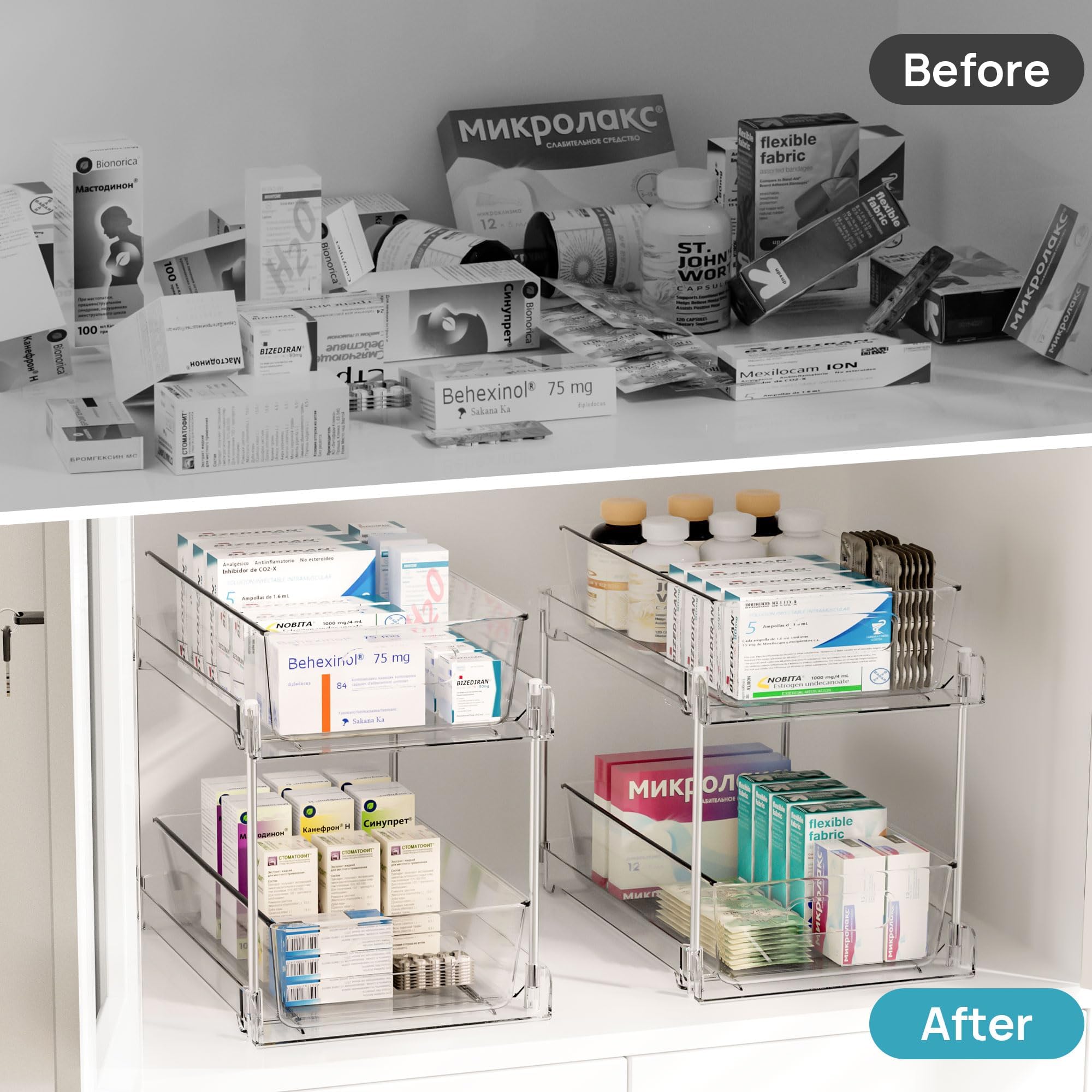 Vtopmart 4 Pack Bathroom Storage Organizer, 2 Tier Clear Under Sink Organizers Vanity Countertop Storage Container, Medicine Cabinet Drawers Bins, Pull-Out Organization with Track for Pantry, Kitchen