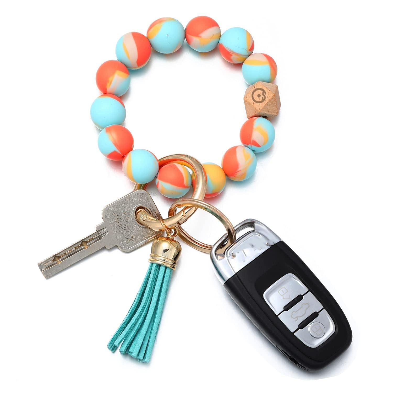 Coolcos Silicone Key Ring Bracelet for Women Portable Keychain Holder, Car Keychain Elastic Beaded Wristlet with Tassel (rainbow colorful)