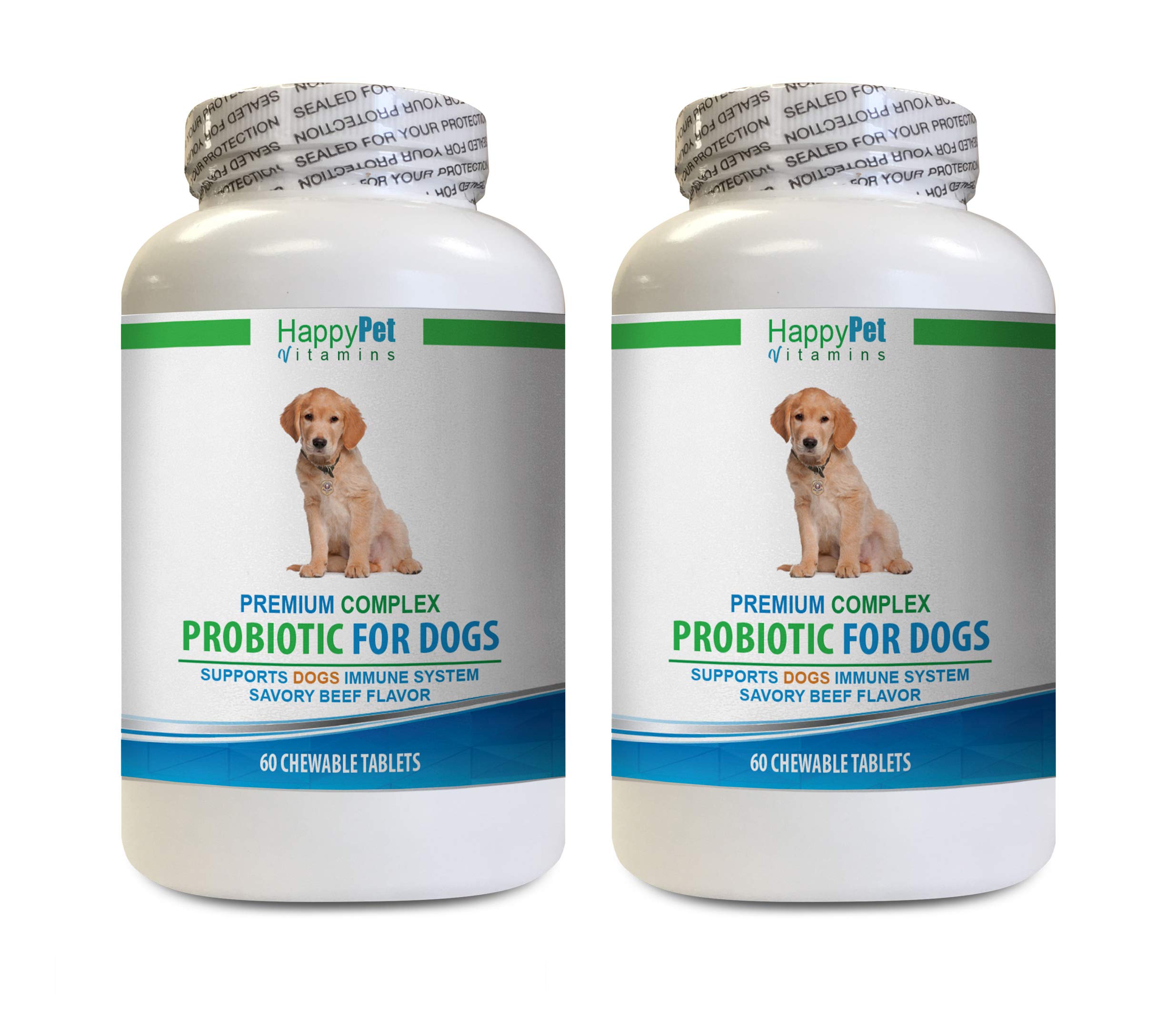 HAPPY PET VITAMINS LLC Dog probiotic Organic - Dog Premium PROBIOTICS - Savory Beef Flavor - Stops Diarrhea Bad Gas Bad Breath - Gut Health - Bad Breath Dogs Home Remedies - 2 Bottles (120 Treats)