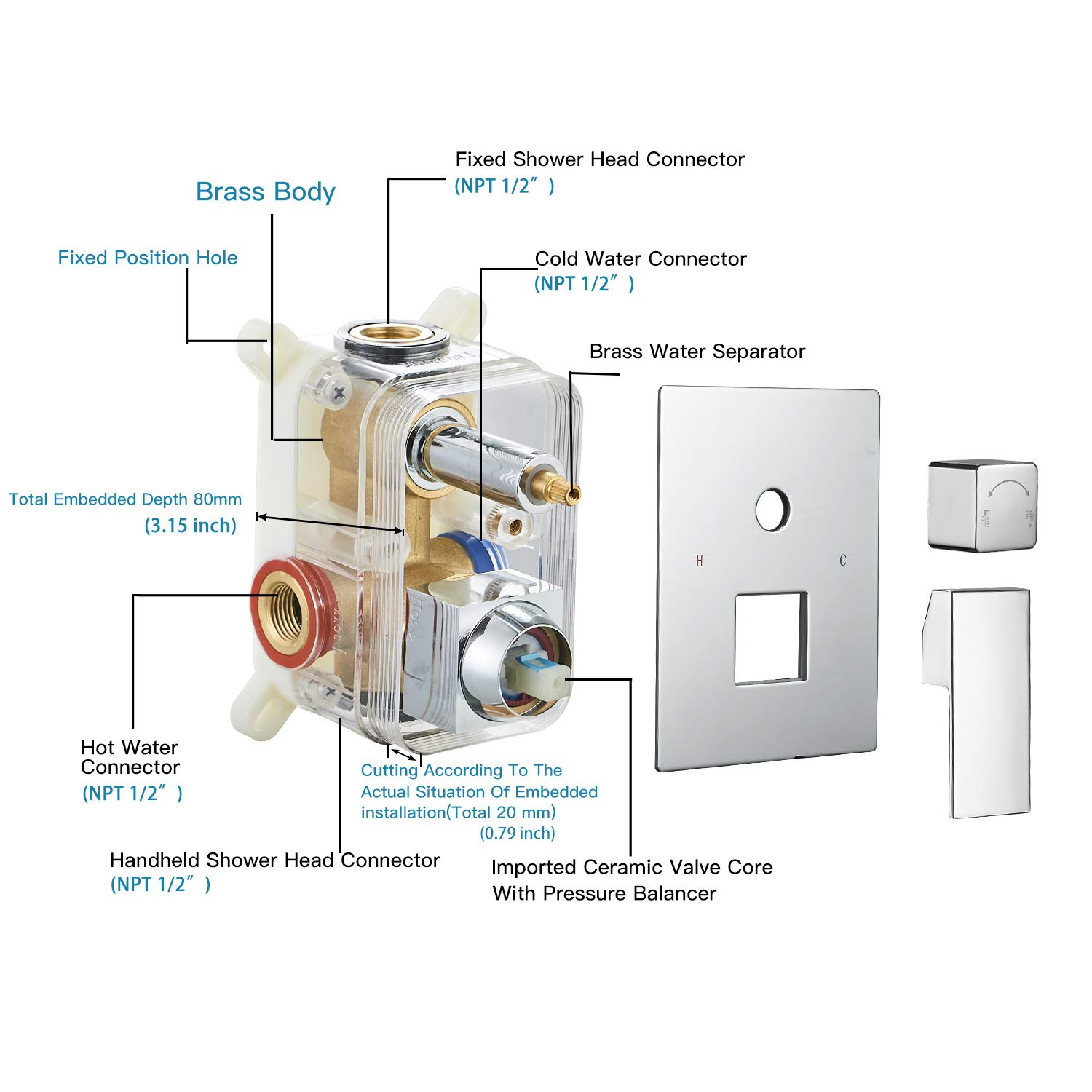 BWE 12 Inch Square Bathroom Luxury Rain Mixer Shower Combo Set Wall Mounted 2-Functions Rainfall Shower Head System Polished Chrome Shower Faucet Rough-in Valve Body and Trim Included