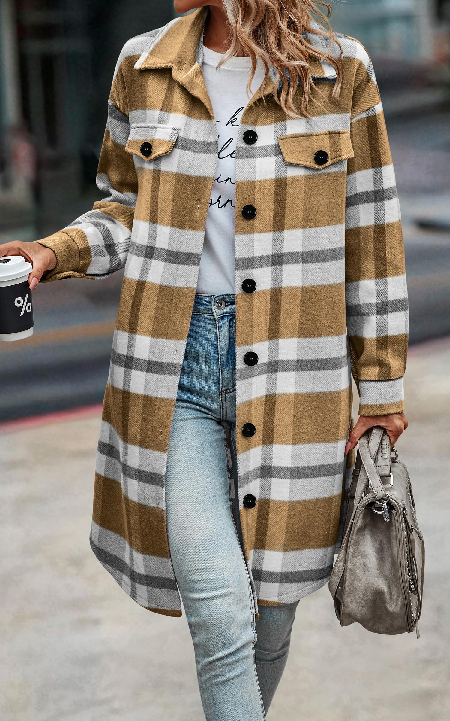 CCTOO Womens Plaid Flannel Shacket: 2023 Long Sleeve Trench Shirt Winter Tartan Jacket Woolen Lapel Neck Button Down Pea CoatsSmall140Yellow P