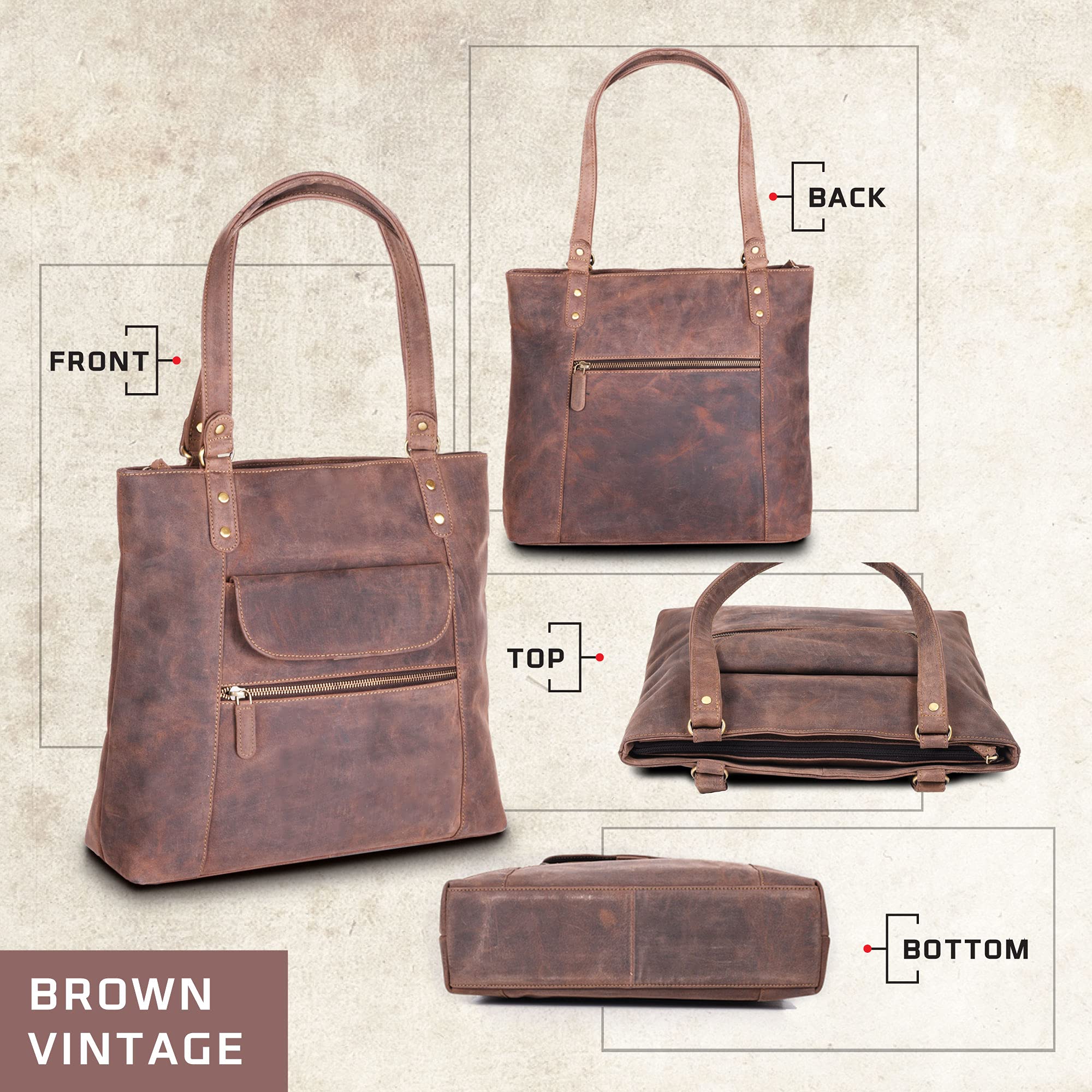 VALENCHI-Leather Shoulder Bag with Front and Back Zipper pocket with Large storage capacity (Brown Vintage)