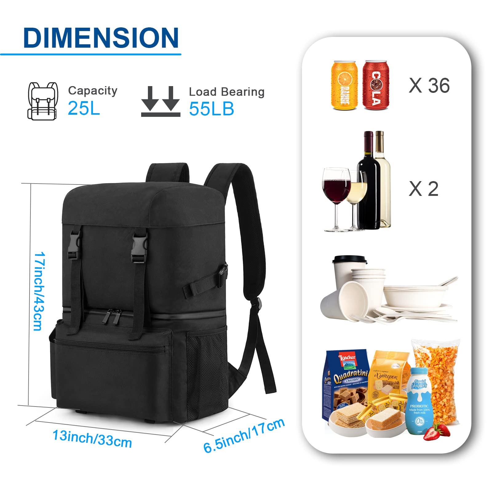 Cooler Backpack with 10 Ice Packs, 36 Cans Insulated Leakproof Cooler Bag, Large Capacity Lunch Backpack with Double Decks, Lightweight Soft Backpack Cooler for Men Women