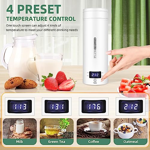 Travel Electric Kettle Portable Small Mini Tea Coffee Kettle Water Boiler, Water Heater with 4 Temperature Control,304 Stainless Steel with Auto Shut-Off & Boil Dry Protection, BPA-Free (White)