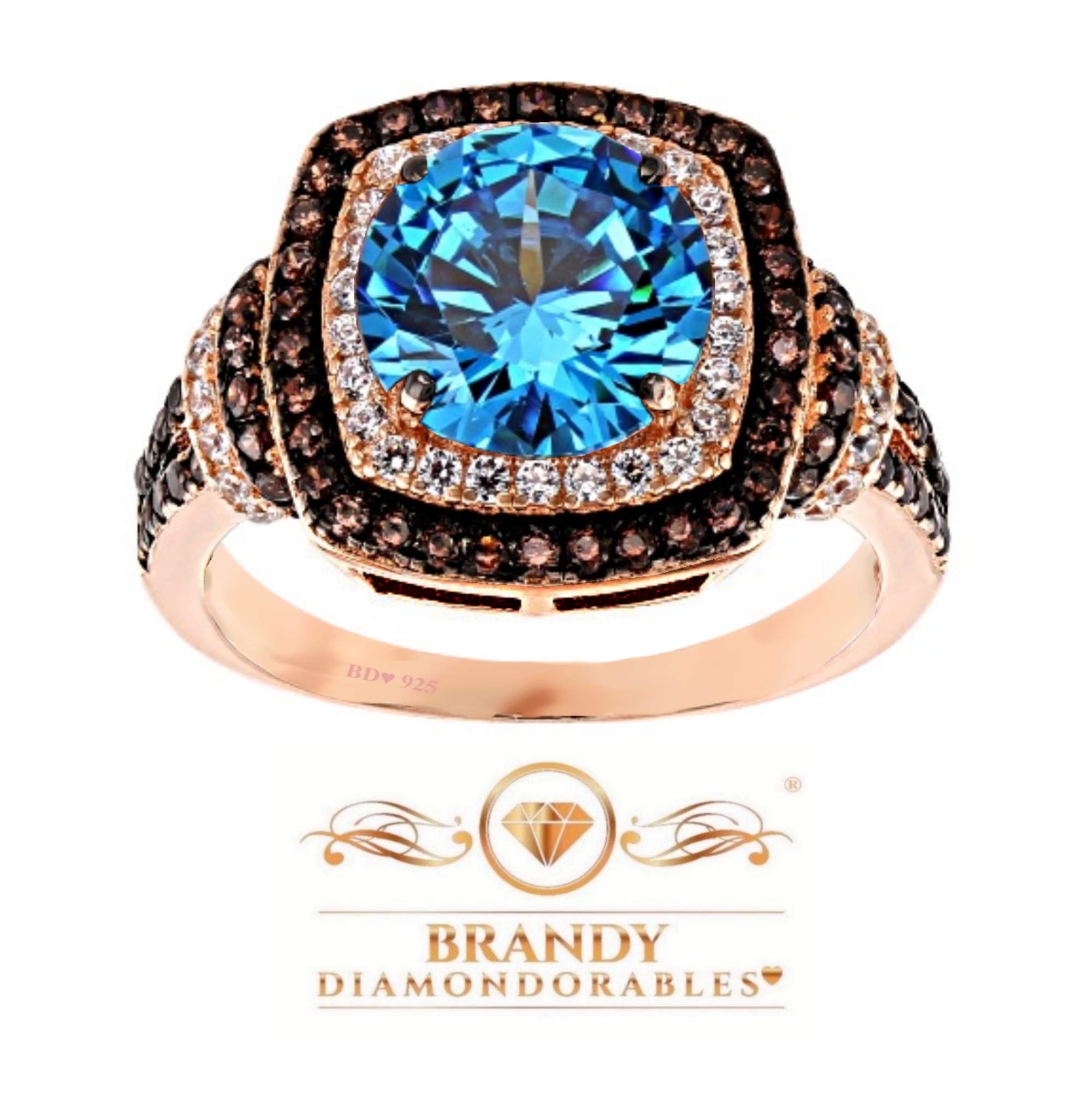 BRANDY DIAMONDORABLES♥ 18k Rose Gold Silver Chocolate Brown Mediterranean Blue Cushion Halo Ring 4.40 Ctw.