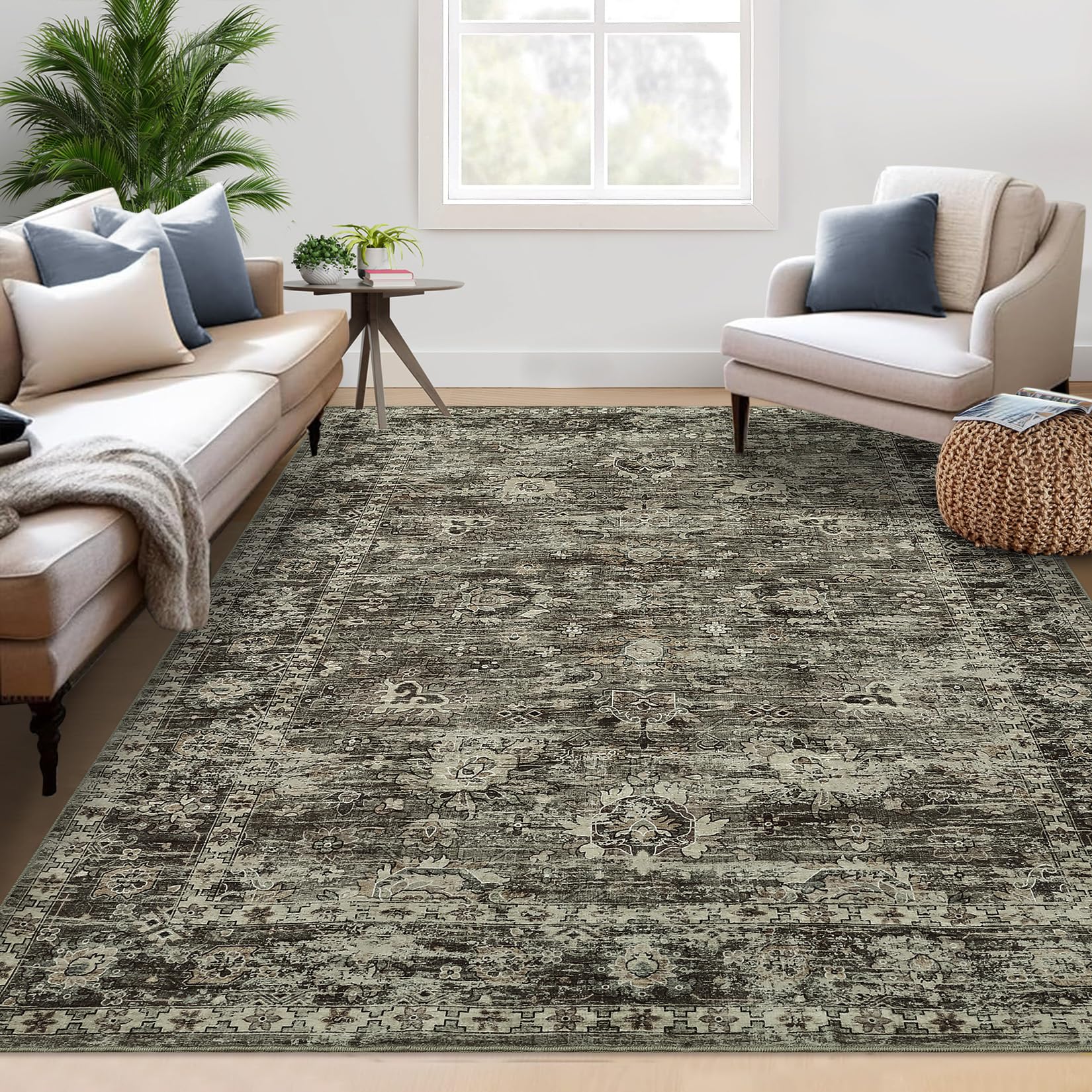 GarveeHome 9x12 Vintage Distressed Large Living Room Rug for Bedroom Non-Skid Machine Washable Medallion Floral Print Area Rug Farmhouse Oriental Soft Low-Pile Indoor Accent Carpet, Brown