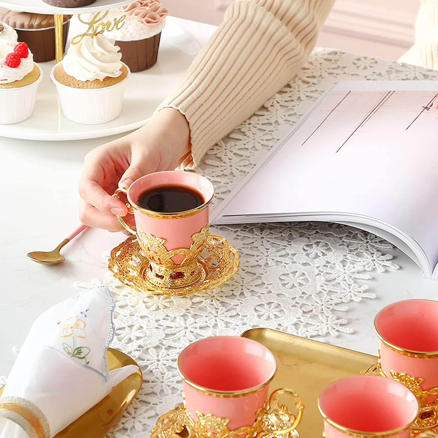 CMDHY Espresso Turkish Coffee Cups and Saucers for Women Tea Cups Set of 6 with Gift Box 2.8 Ounces (White-Golden)