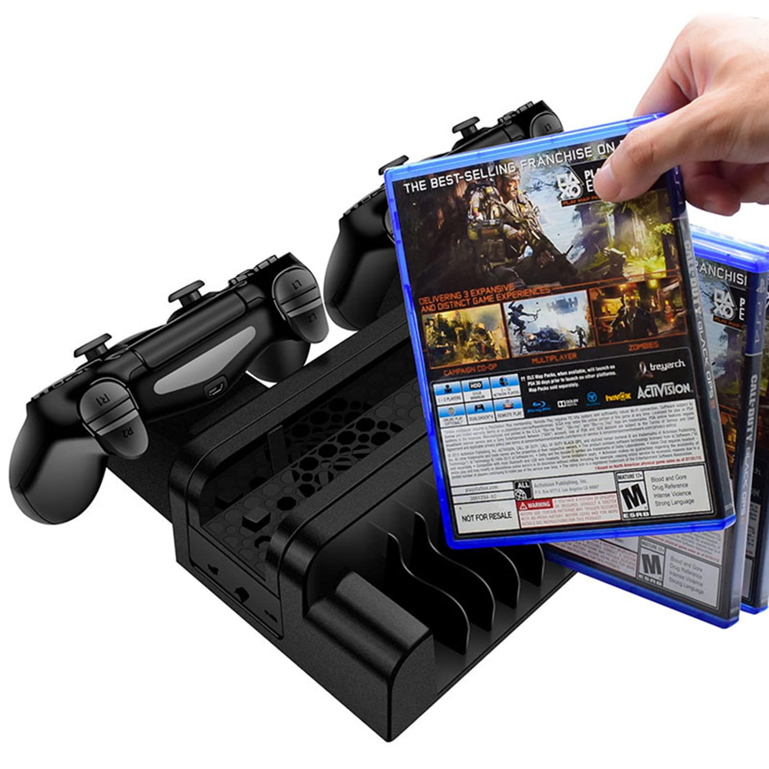 VSEER PS4 Stand Cooling Fan Station for PS4/PS4 Slim/PS4 Pro,PS4 Vertical Charging Station with Dual Controller,PS4 Accessories with Game Storage for PS Consoles