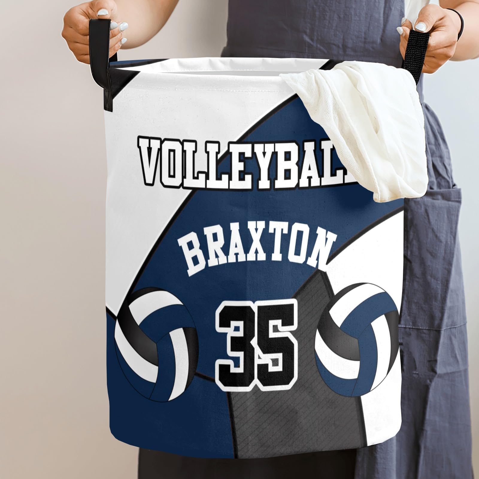 Custom Name Collapsible Laundry Basket,Navy Volleyball Sport Laundry Hamper with Handles Waterproof Oxford Laundry Hamper Household Organizer Basket