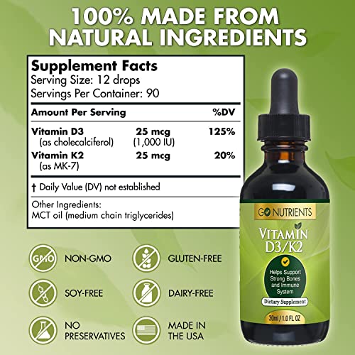 Go Nutrients Liquid Vitamin D3 with K2 (MK-7) Drops 1oz & Selenium 200 mcg Supplement 1.0 oz| | Vitamin D3 and K2 | Supplements with Mineral Selenium Liquid and Purified Water