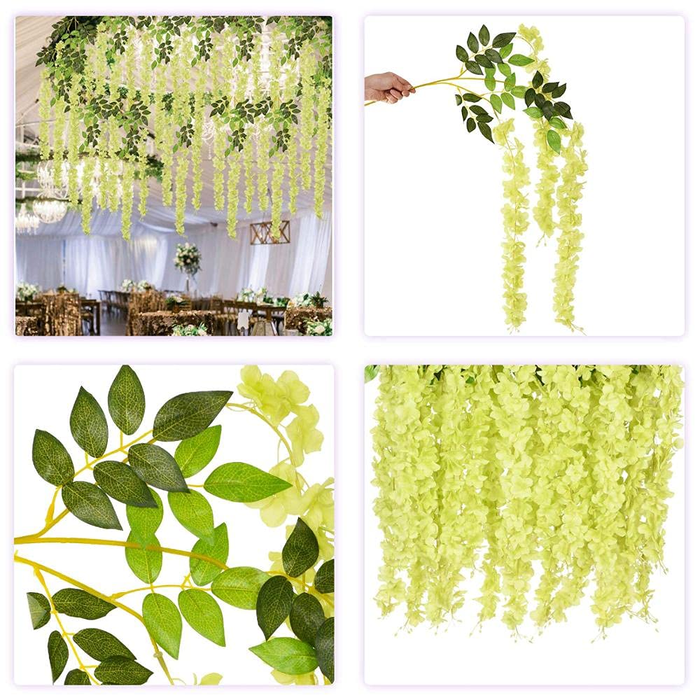 Vanassa 12pcs Artificial Fake Wisteria Vine Garland-GreenDec 3.6FtPiece Silk Wisteria Vine Ratta Hanging Flower for Home Garden Wedding Decor(green), Turquoise