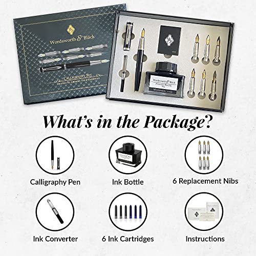 Wordsworth & Black Calligraphy Pen Gift Set, Includes Ink Bottle, 6 Ink Cartridges, Ink Refill Converter, 6 Replacement Nibs, Premium Package, Journaling, Smooth Writing Pens [Black Gold]