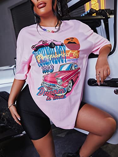 SHENHE Women's Graphic Tee Oversized Letter Drop Shoulder T Shirts Top Light Pink M
