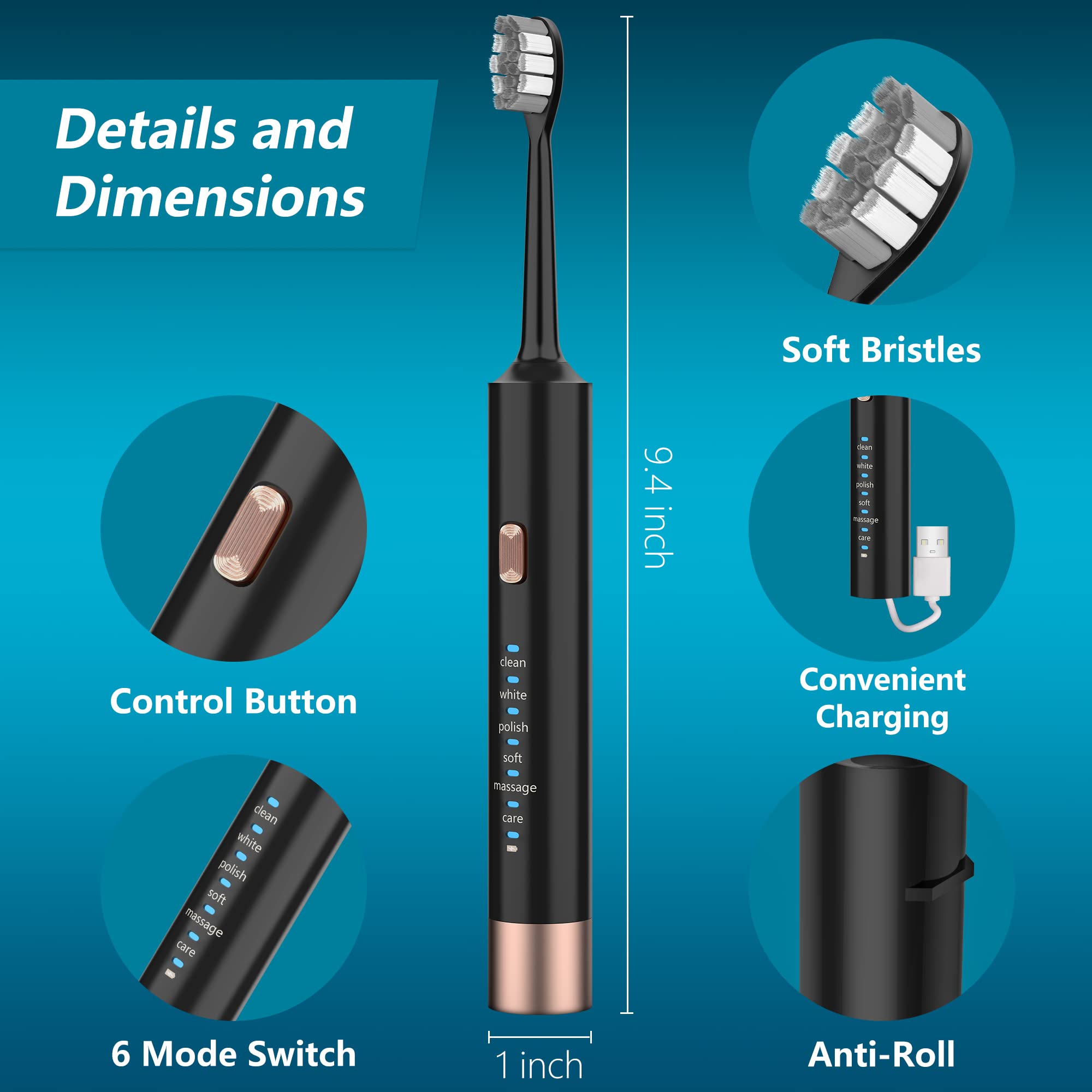 EKLMGEK Rechargeable Electric Toothbrush - IPX7 Waterproof Toothbrush with 8 Pcs Replacement Brushheads, 5 Modes