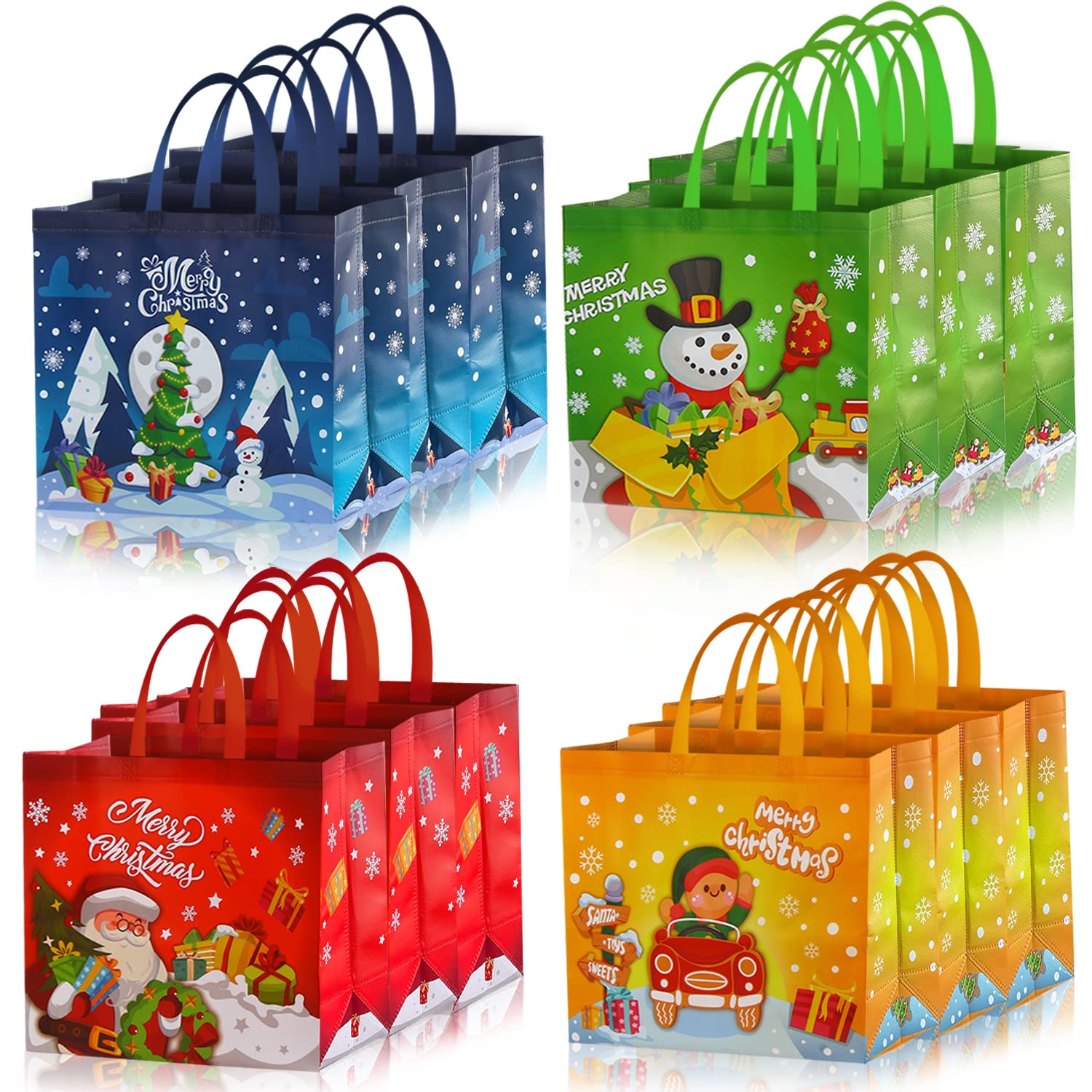CCINEE 12 PCS Christmas Gift Bags with Handle, Large Size Reusable Christmas Tote Bags Non-Woven Christmas Treat Bags Grocery Shopping Bags for Gifts Wrapping Xmas Party Supplies,15.7"×13.8"×5.7"