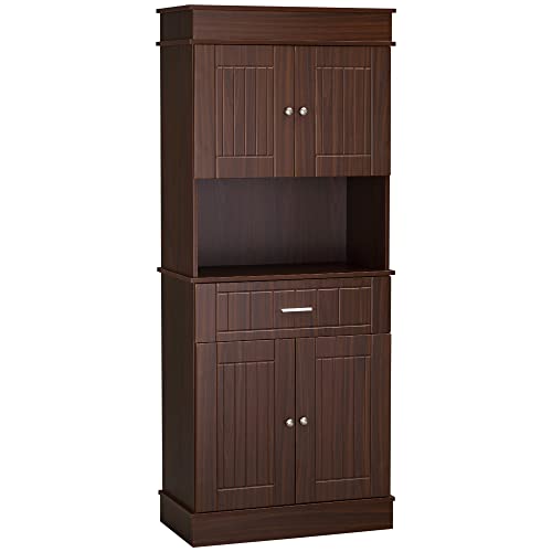 HOMCOM 72" Kitchen Buffet with Hutch, Freestanding Pantry Cabinet with Utility Drawer, 2 Door Cabinets, Adjustable Shelves and Countertop, Brown