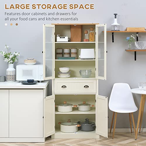 HOMCOM Freestanding Kitchen Pantry, 5-Tier Storage Cabinet with Adjustable Shelves and Drawer for Living Room, Dining Room, Cream White
