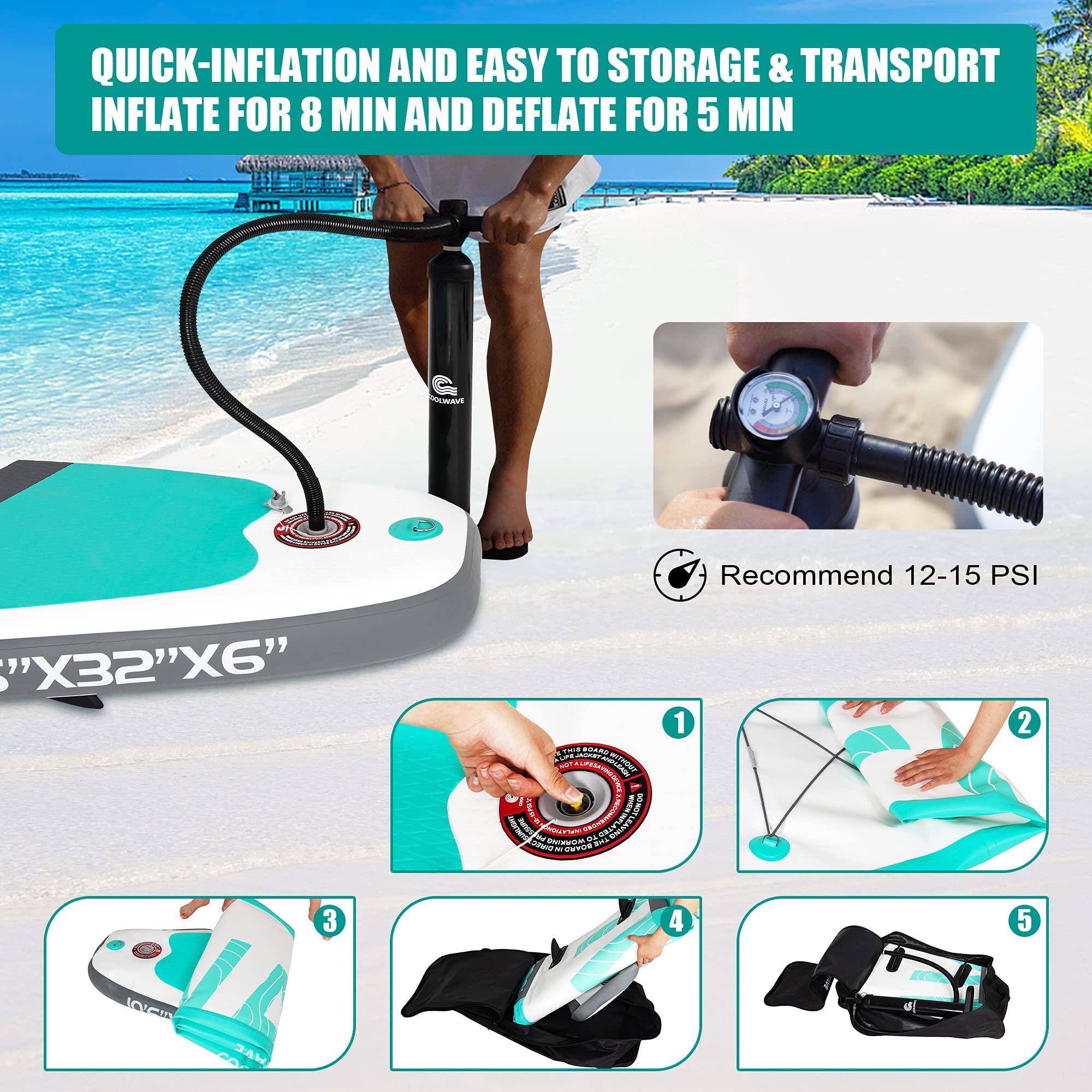 COOLWAVE 10'6" Inflatable Stand Up Paddle Board with Camera Seat, Accessories Including Waterproof Phonebag, Backpack, Bottom Fin for Paddling, Paddle, Non-Slip Deck, Hand Pump, Leash…