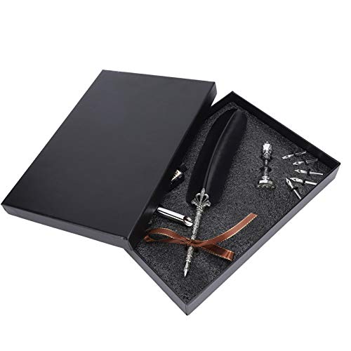 Zerodis Feather Pen, Feather Calligraphy Pen Quill Pen Set Student Writing Ink Stationery Romantic Valentine(black)