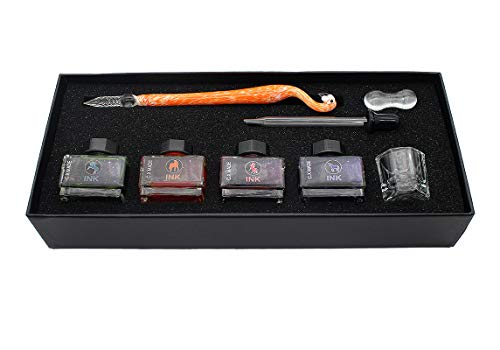 XIAOYU 8 Pcs Handmade Glass Dip Pen Calligraphy Pens Set High Borosilicate Glass Signature Pen with Ink(15ML) - Orange
