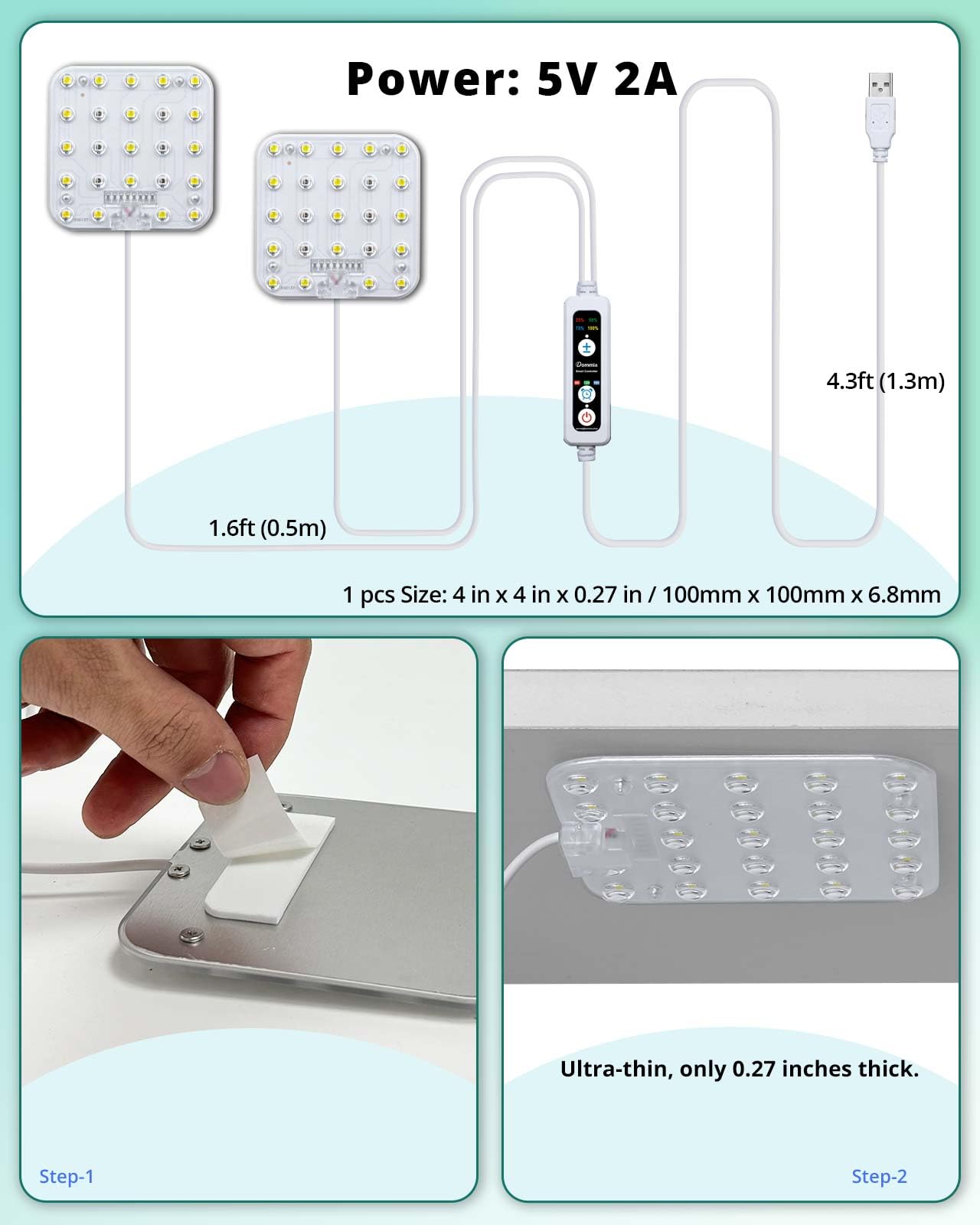 DOMMIA Grow Light, Dimmable Grow Light for Indoor Plants Full Spectrum with Optical Lens, Sunlike Under Cabinet Grow Light with 6/12/16H Timer, USB LED Plant Light for Indoor Growing (No Adapters)