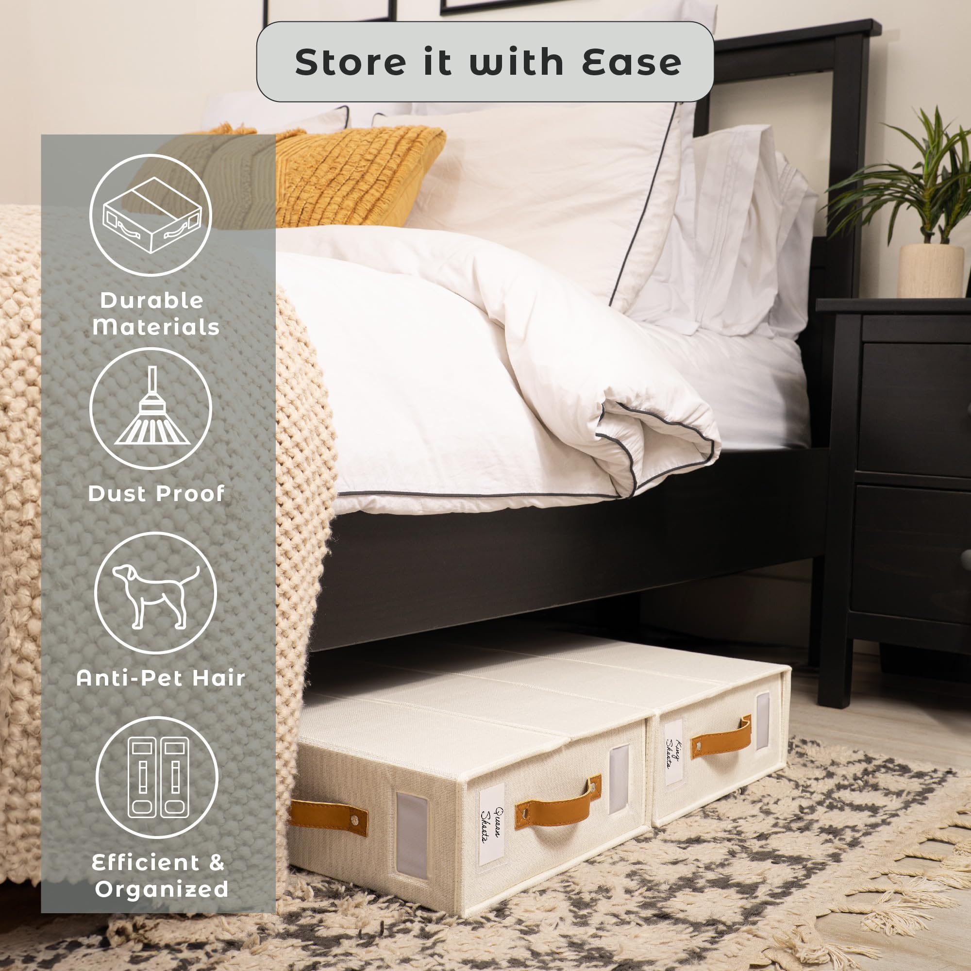 HappyHedz Sheet Organizers and Storage Bags for Bed Sheets, Linen, Blankets, Bedding - Under Bed or Closet Storage Boxes with Dual Handles and Organization Labels - (Beige, 2-pack)