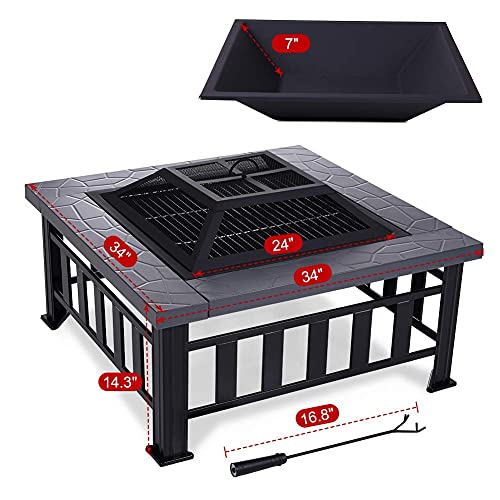 EZCHEER 34" Outdoor Fire Pit 3 in 1 Metal Square Firepit Wood Burning Bonfire Stove for Backyard Patio Garden with Grill, Spark Screen, Log Poker, Cover