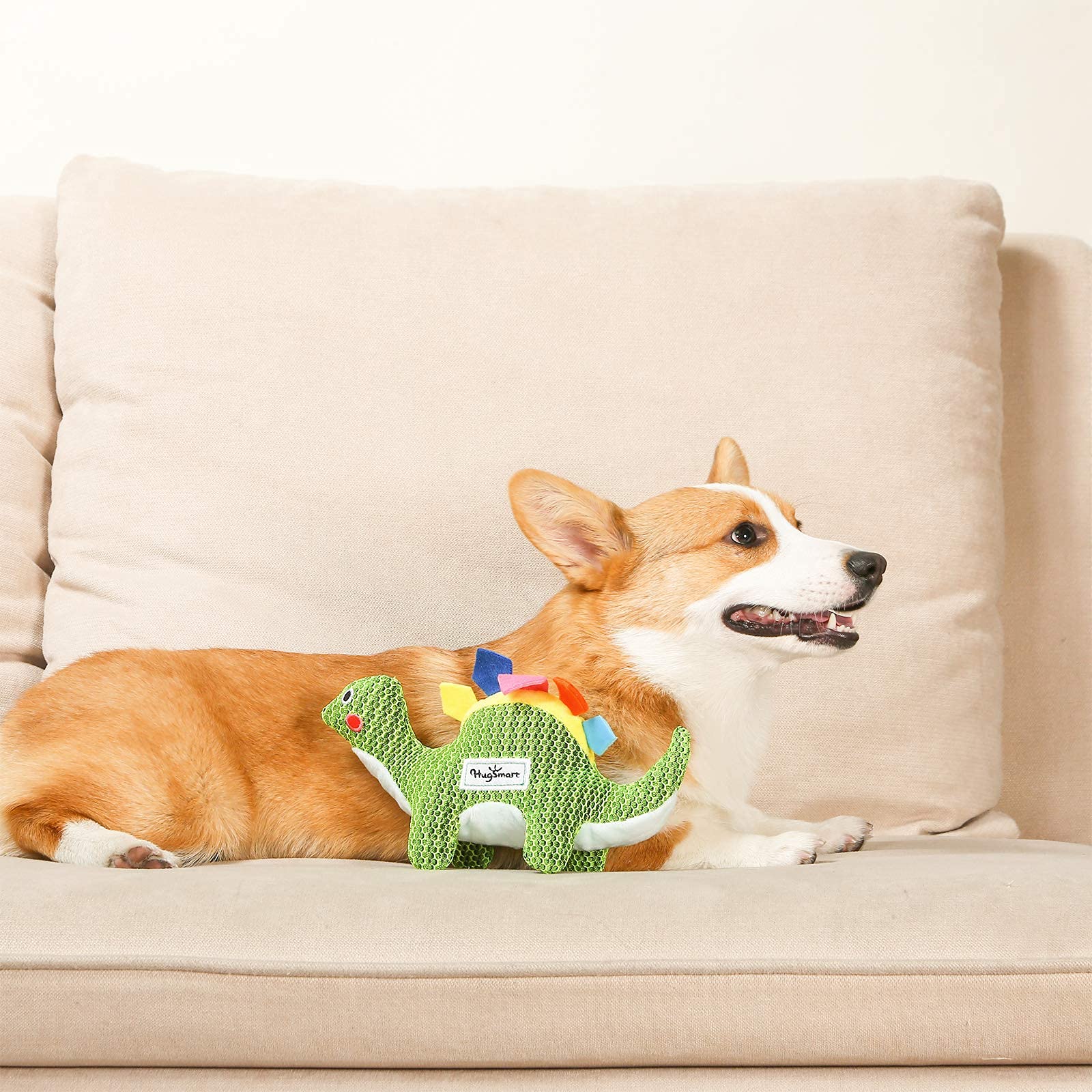 HugSmart Pet - Dinosaur Land | Squeaky Plush Dog Toys for Small Medium Dogs| Textured Sandwich Mesh Cute Teething Toys for Puppies