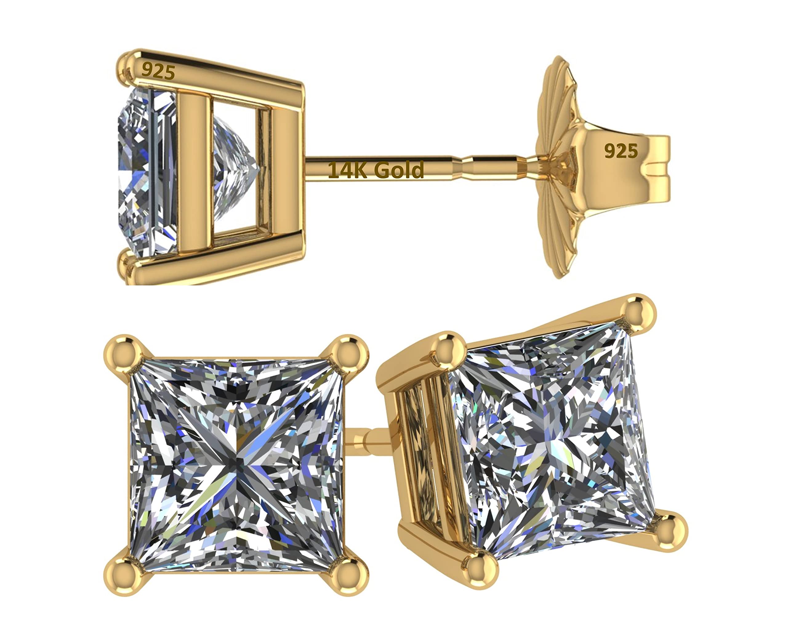 Central Diamond Center 14K Gold Posts & Sterling Silver Princess Cut CZ Stud Earrings - 5.0mm 1.50cttw - Yellow Gold Plated