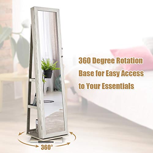 MAT EXPERT 360 Rotating Jewelry Armoire with Mirror, Freestanding Jewelry Storage Mirror w/78 Ring Slots, 24 Necklace Hooks, 120 Earring Slots, Lockable Standing Jewelry Organizer for Makeup (White)