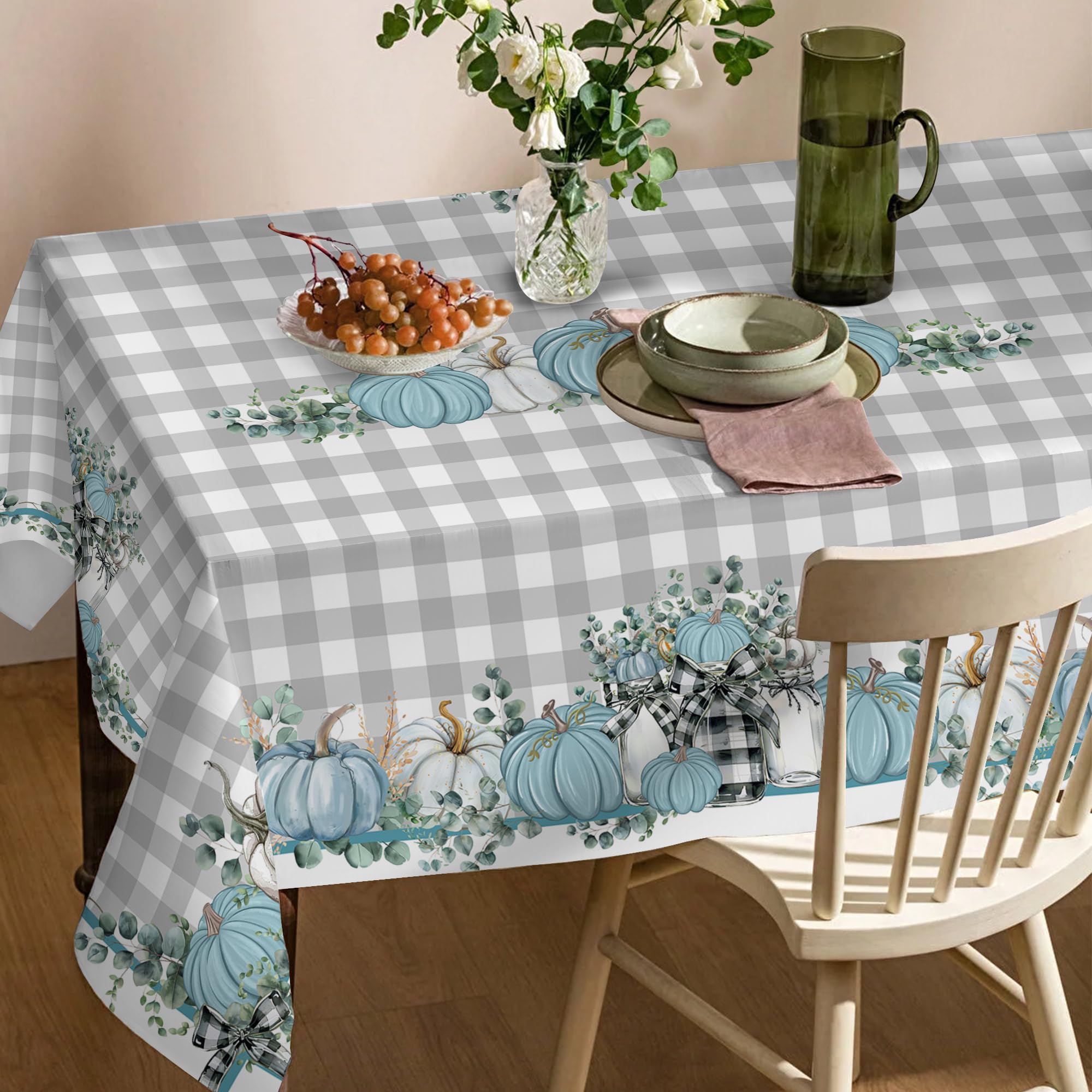 cusugbaso Fall Tablecloth 60x84 Inch Rectangle - Eucalyptus Blue Pumpkins Fall Decor for Home - Water Resistant Thanksgiving Table Cloth Rectangle for Party,Dinning,Home