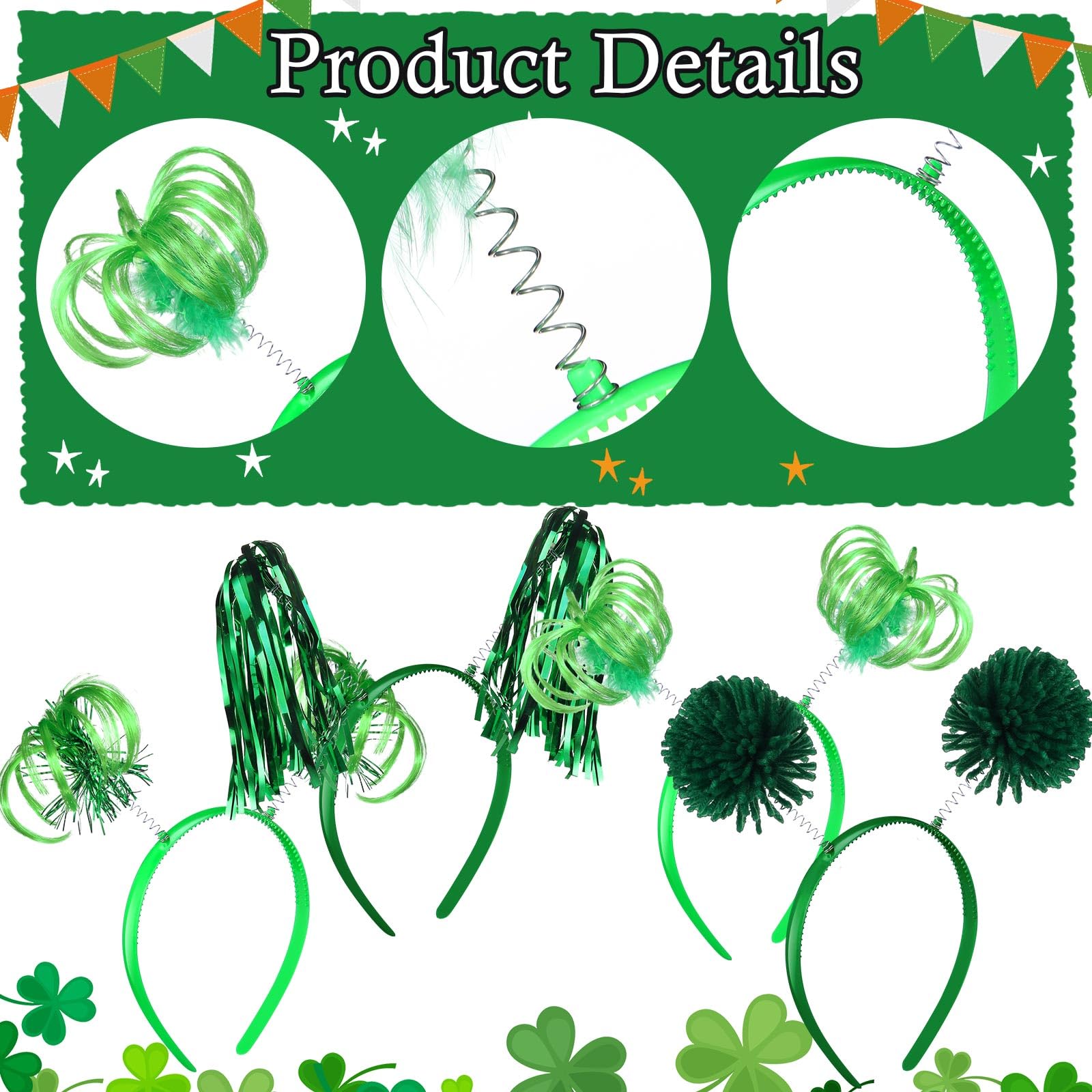 Censen 24 Pcs Pom Pom Headband Tinsel Wrapped Ponytails Head Bopper Headwear Hair Accessories Party Costume(Green)