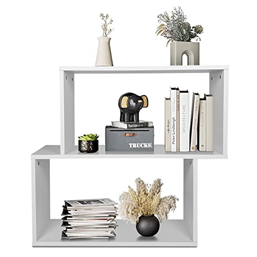 Giantex 3-Tier Geometric Bookshelf White, 28’’ Tall Wood S-Shaped Display Shelves, Freestanding Open Shelves Nightstand, Floor Standing Display Shelf Bookcase for Living Room, Bedroom