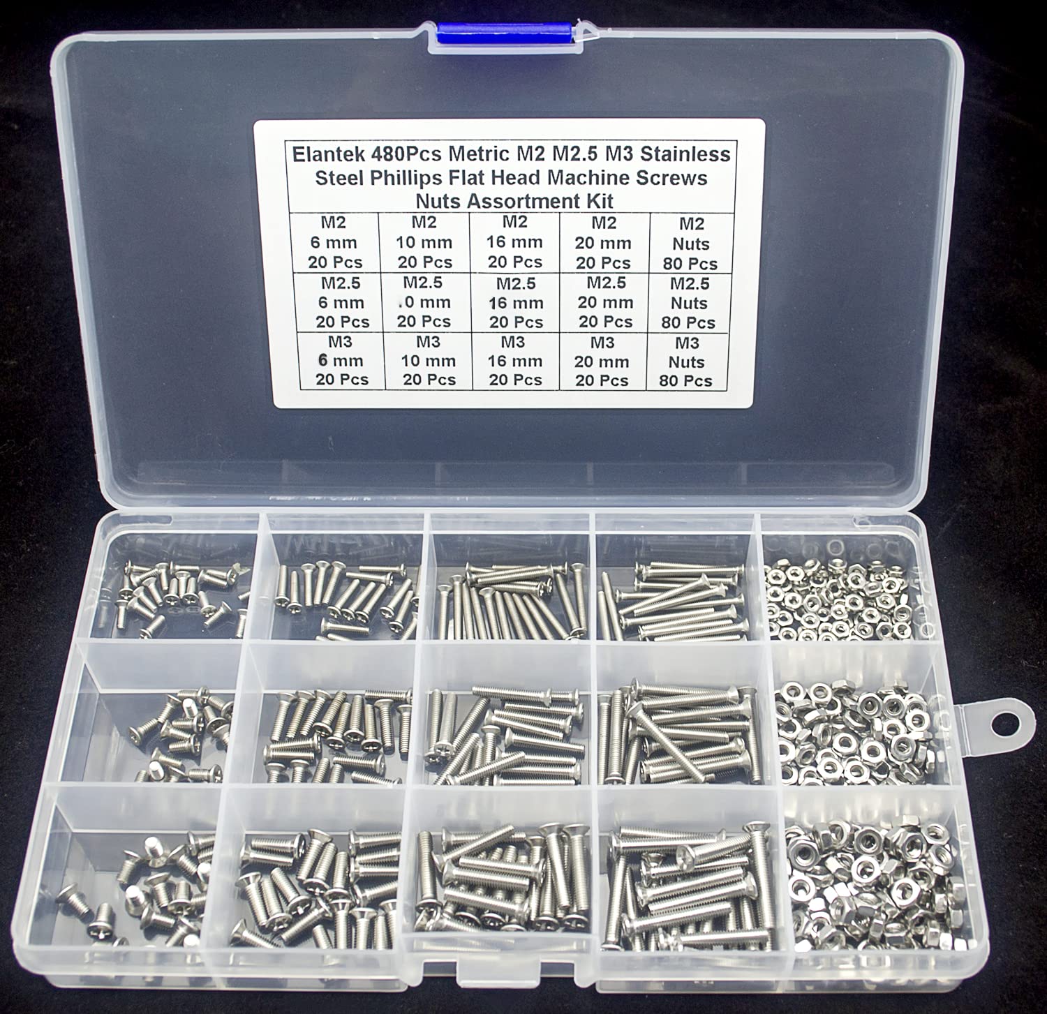 Elantek 480Pcs Metric M2 M2.5 M3 304-Stainless Steel Phillips Flat Head Machine Screws Nuts Assortment Kit
