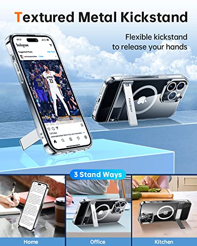 Facbiny Magnetic Kickstand Case for iPhone 14 Pro Max 6.7" [Magsafe Compatible] [Anti-Yellowing] [3-Way Stand] Shockproof, Crystal Clear