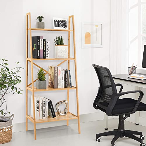 Giantex 4-Tier Bamboo Bookshelf, Multifunctional Storage Display Rack Shelves with Anti-Tipping Device, Natural Wood Ladder Shelf for Home Office Kitchen Bathroom