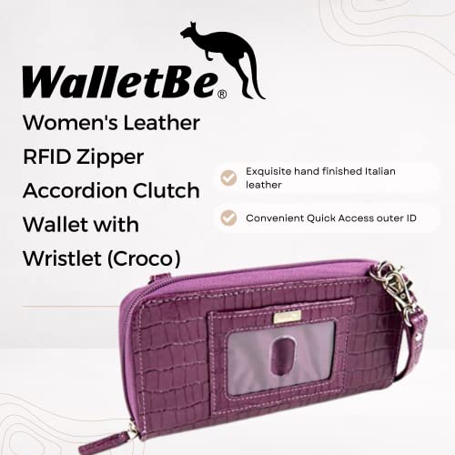 WalletBe Women's Leather RFID Zipper Double Accordion Clutch Wallet with Wristlet Croco Purple