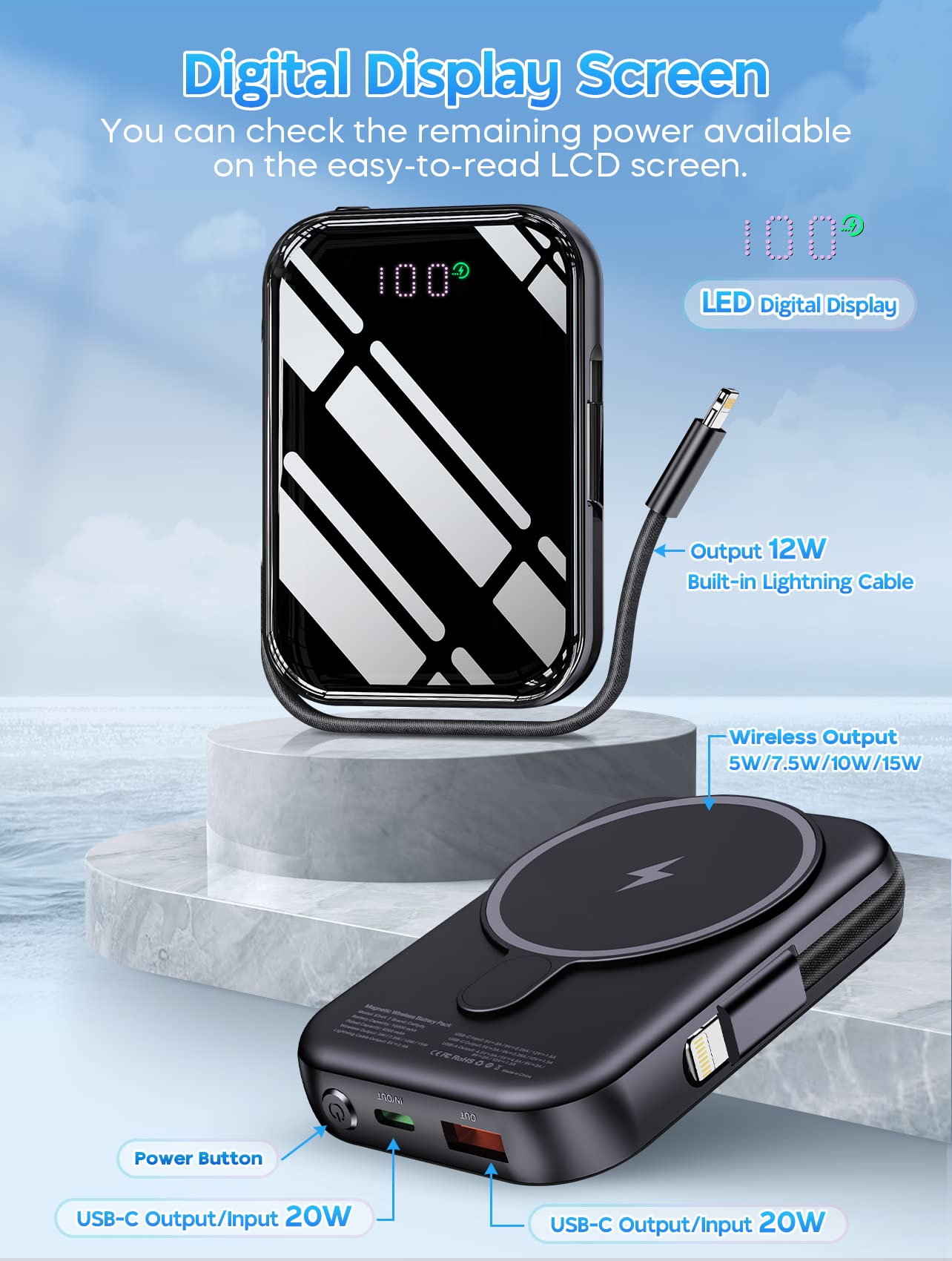 Ceftydy Magnetic Wireless Portable Charger, 10000mAh Battery Pack with USB-C Cable & LED Display, Built-in Lightning Cable, Magnetic Power Bank 20W PD Fast Charging for iPhone 15/14/13/12 Series