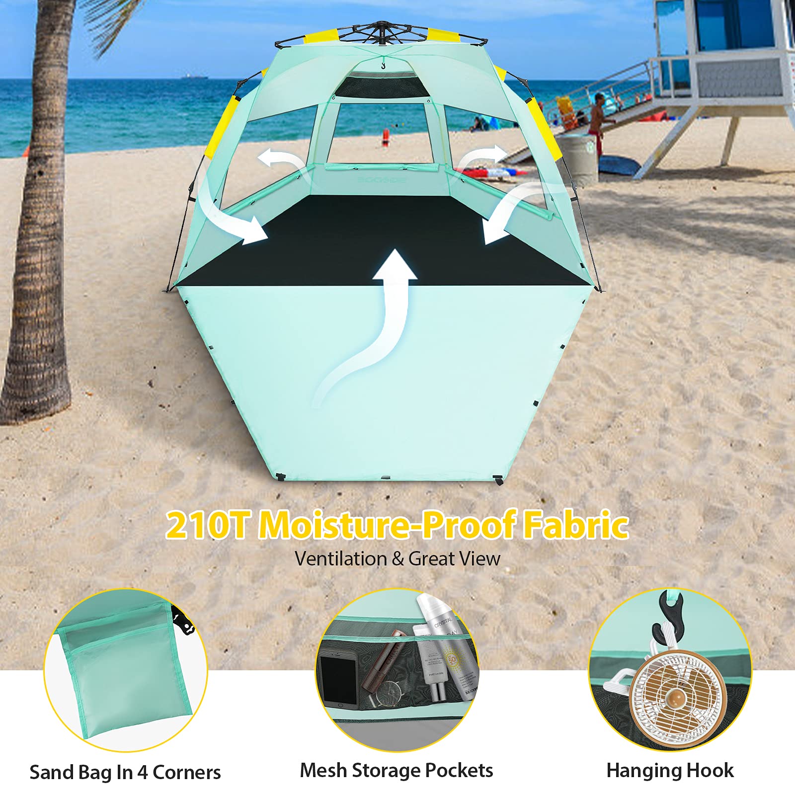 BRGOOD X-Large 4 Person Beach Tent Sun Shelter, Pop Up Tent Instant Tent for Beach Extendable Floor with 3 Ventilating Windows for Camping, Outdoor, Beach Waterproof Windproof with Carrying Bag