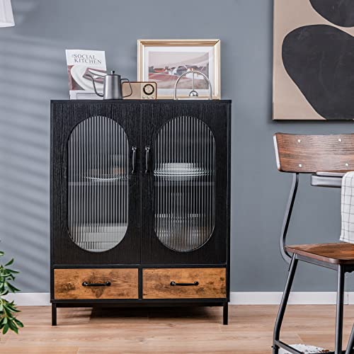Giantex Buffet Cabinet with 2 Drawers, Wooden Sideboard, Standing 2-Tier Cupboard w/Tempered Glass Doors, Industrial Multifunctional Storage Cabinet for Kitchen Living Room Coffee Bar (Black & Brown)